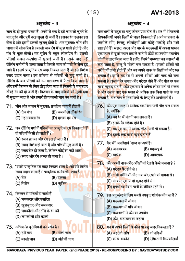 Navodaya Previous Year Question Paper VA-1 2013 2nd Phase For Class 6 ...