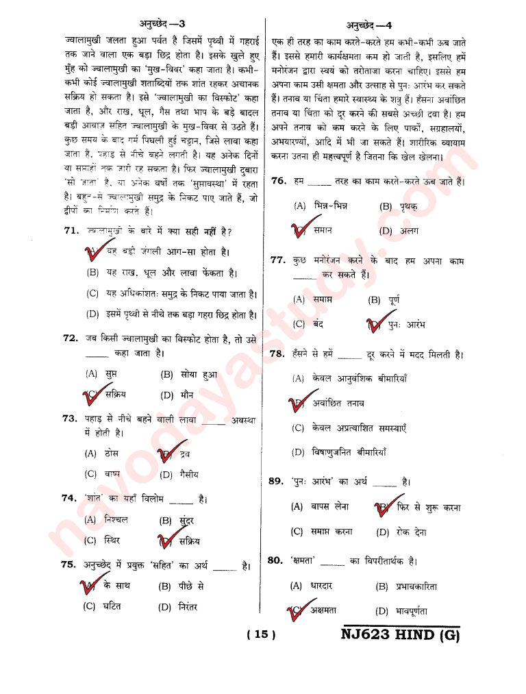 Navodaya 2023 Previous Year Question Paper NJ623 HIND With Answer Key For Class 6 Jnvst ...