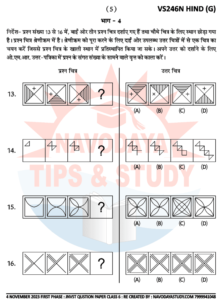 Navodaya Previous Year Question Paper VS246N 2024 Phase 1st For Class 6 ...