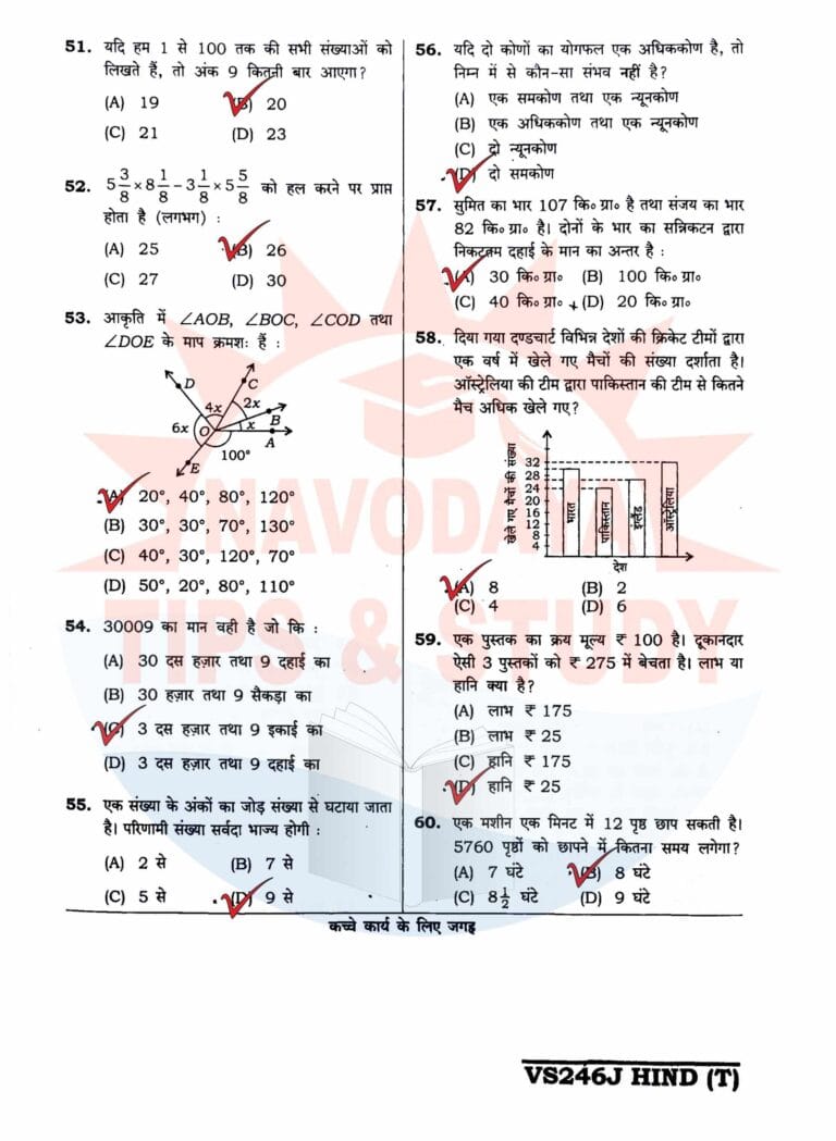Navodaya Previous Year Question Paper VS246J 2024 Phase 2st For Class 6 ...